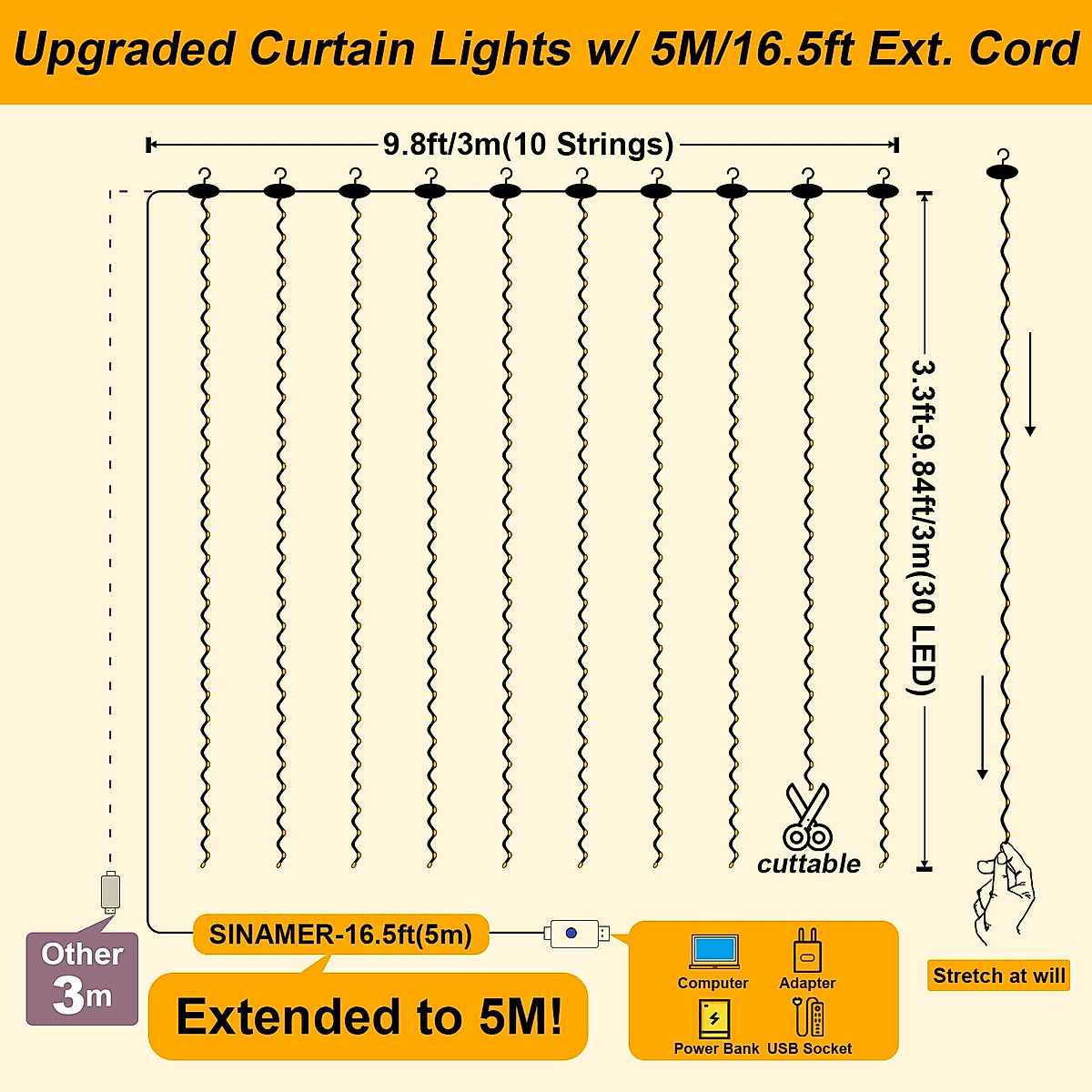 SINAMER White Curtain Light for Bedroom, 300 LED 9.8ft x 9.8ft Curtain String Light with 16 Hooks, 8 Models Remote Control, Window Fairy Light with USB for Wedding Party Home Garden Indoor Decorations
