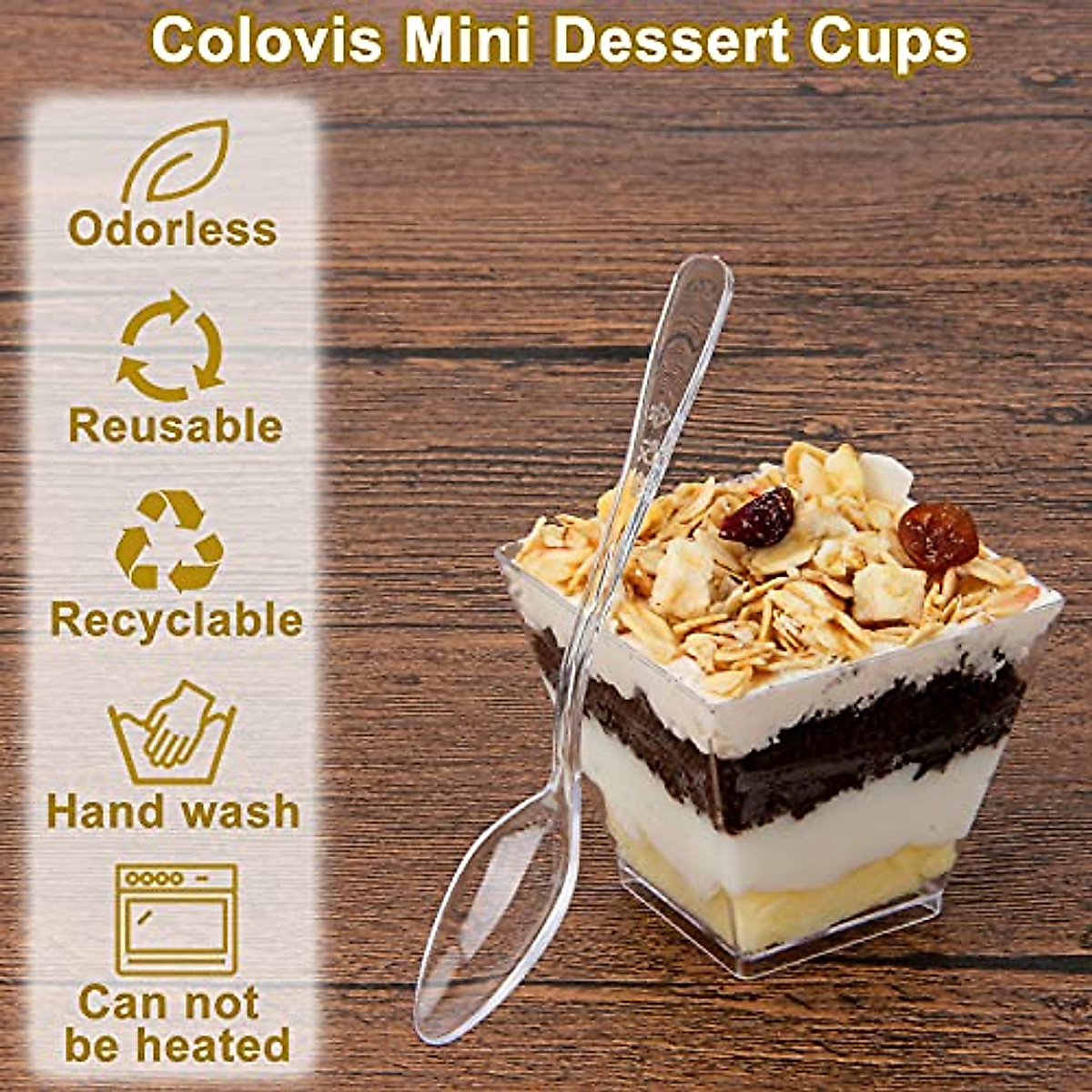 Colovis Mini Dessert Cups, 100 CT 2oz Clear Plastic Parfait Appetizer Cups with Spoons Mini Square Dessert Bowls for Serving, Tasting (100)