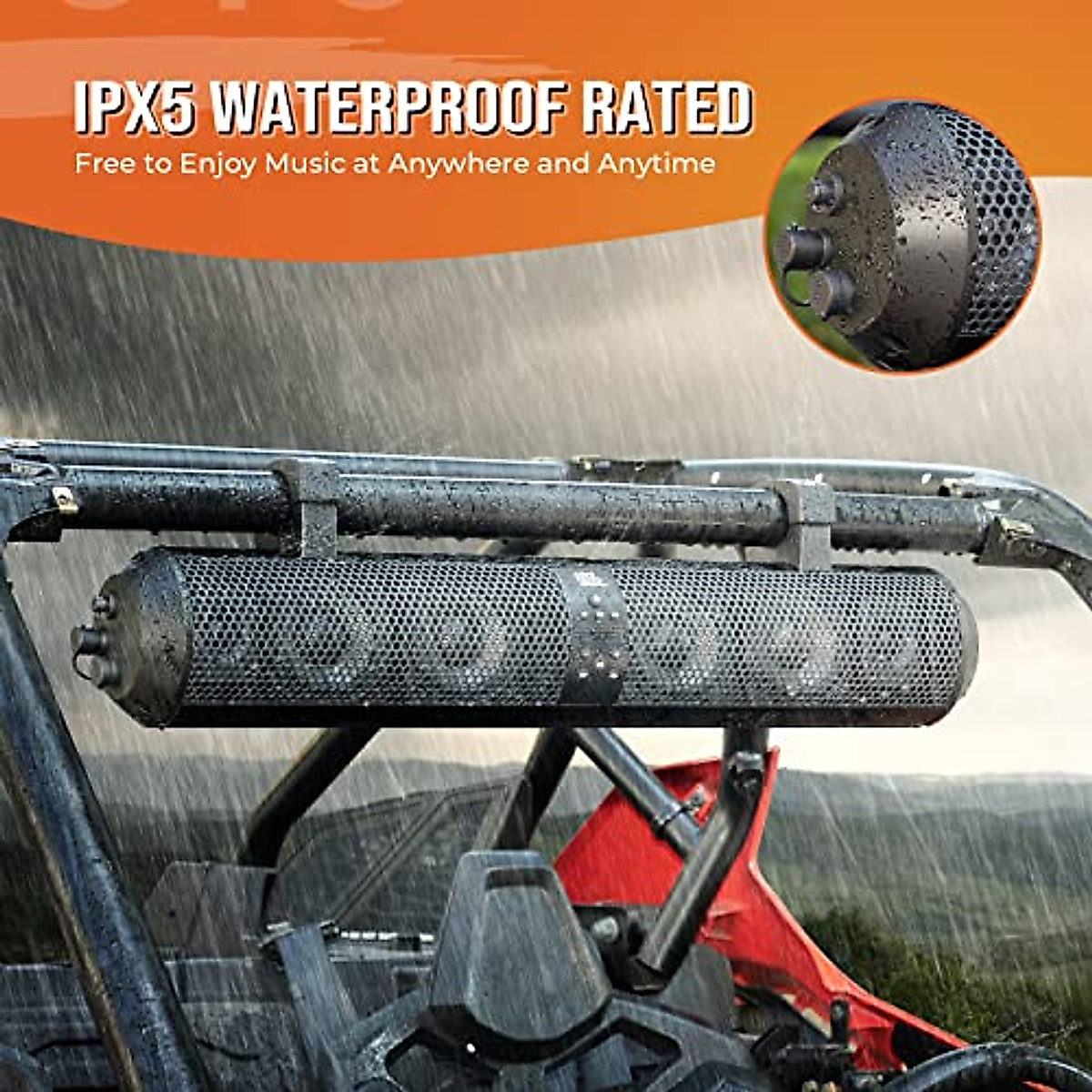 kemimoto UTV Soundbar SXS Sound Bar X3 Speaker- 28 Inches Wide, IPX5 Waterproof, Bluetooth Compatible, Amplified, USB, AUX Input, 4X Speakers, 2X Tweeters Adapt to 1.56"-2.25" Roll Bar