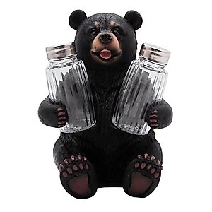 Sitting Black Bear Salt and Pepper Set Holder, Rustic Décor, Shakers Included, 7 Inches
