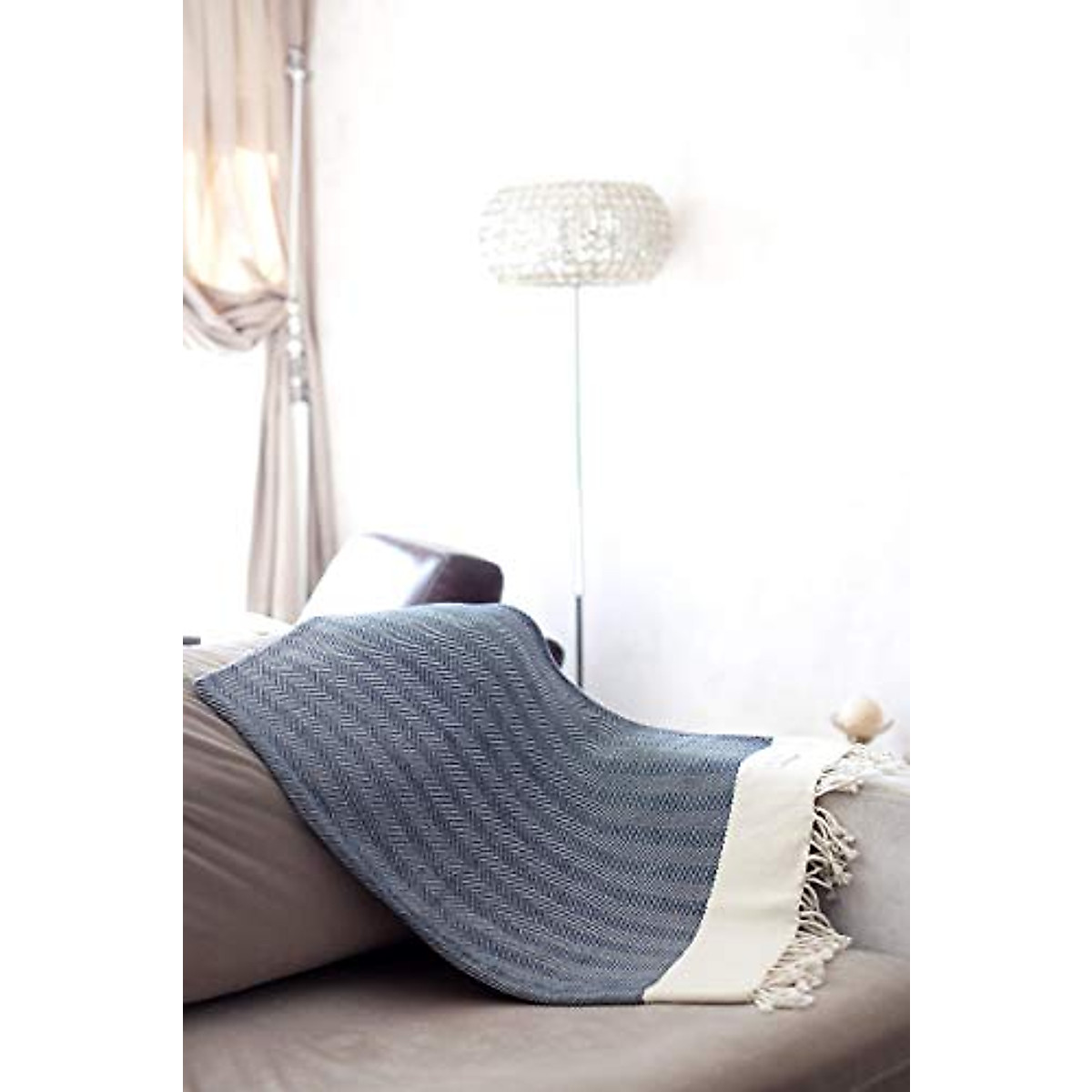 Smyrna Original Turkish Throw Blanket Herringbone Series | 100% Cotton, 50 x 60 Inches | Vintage Boho Throw Blankets for Couch, Sofa, Farmhouse and Home Decor | Lightweight and Super Soft (Navy)