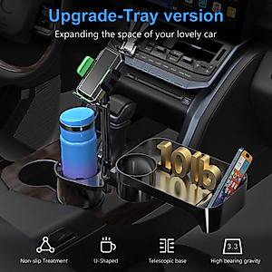 Car Cup Holder Tray with Phone Mount, 4 in 1 Detachable Car Cup Holder Food Tray Expander with Solid Base, Two Cup Holders, Food Tray and Phone Mount, Road Trip Essentials for iPhone 15 and Smartphone