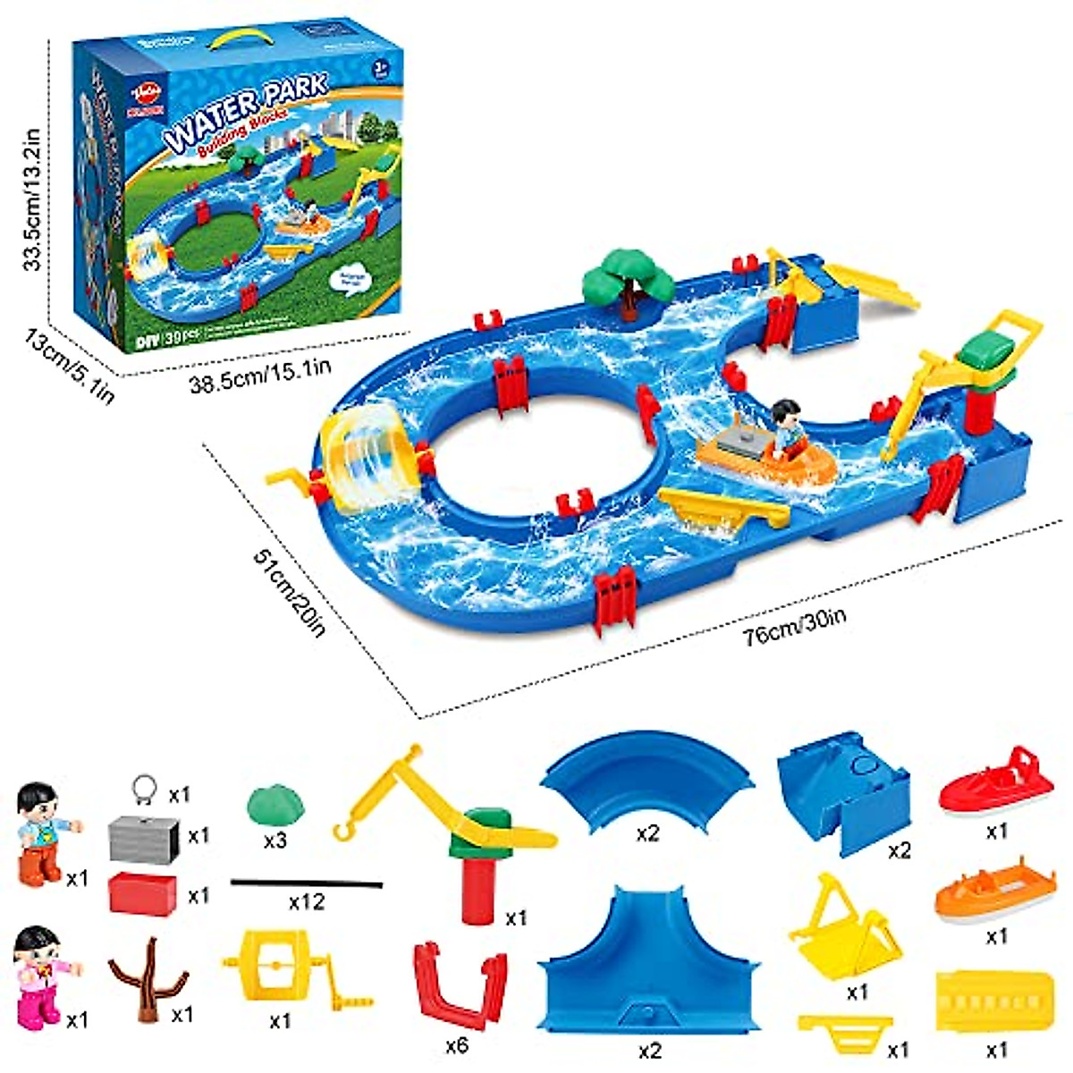 VATOS Water Toy for Kids,39pcs DIY Mini Water Park Building Blocks Toy on Table or Lawn,Beach, Waterway Playset with 2 Boats, for Kids in Summer Outdoor Backyard