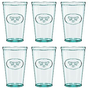 Amici Home Bee Hiball Glass | 16 Oz | Italian Made, Recycled Glass with Green Tint | Drinking Glass with Embossed Bee Design for Water, Juice, Cocktails (Set of 6)
