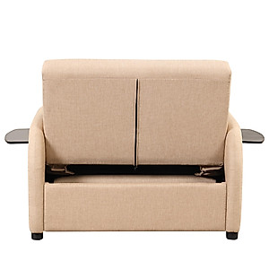 P PURLOVE 3 in 1 Linen Sleeper Sofa Couch Bed, Modern Convertible Sleeper Sofa Bed, Small Sofa Bed with 2 Wing Table Side Pocket and USB Charge for Living Room, Apartment, Beige