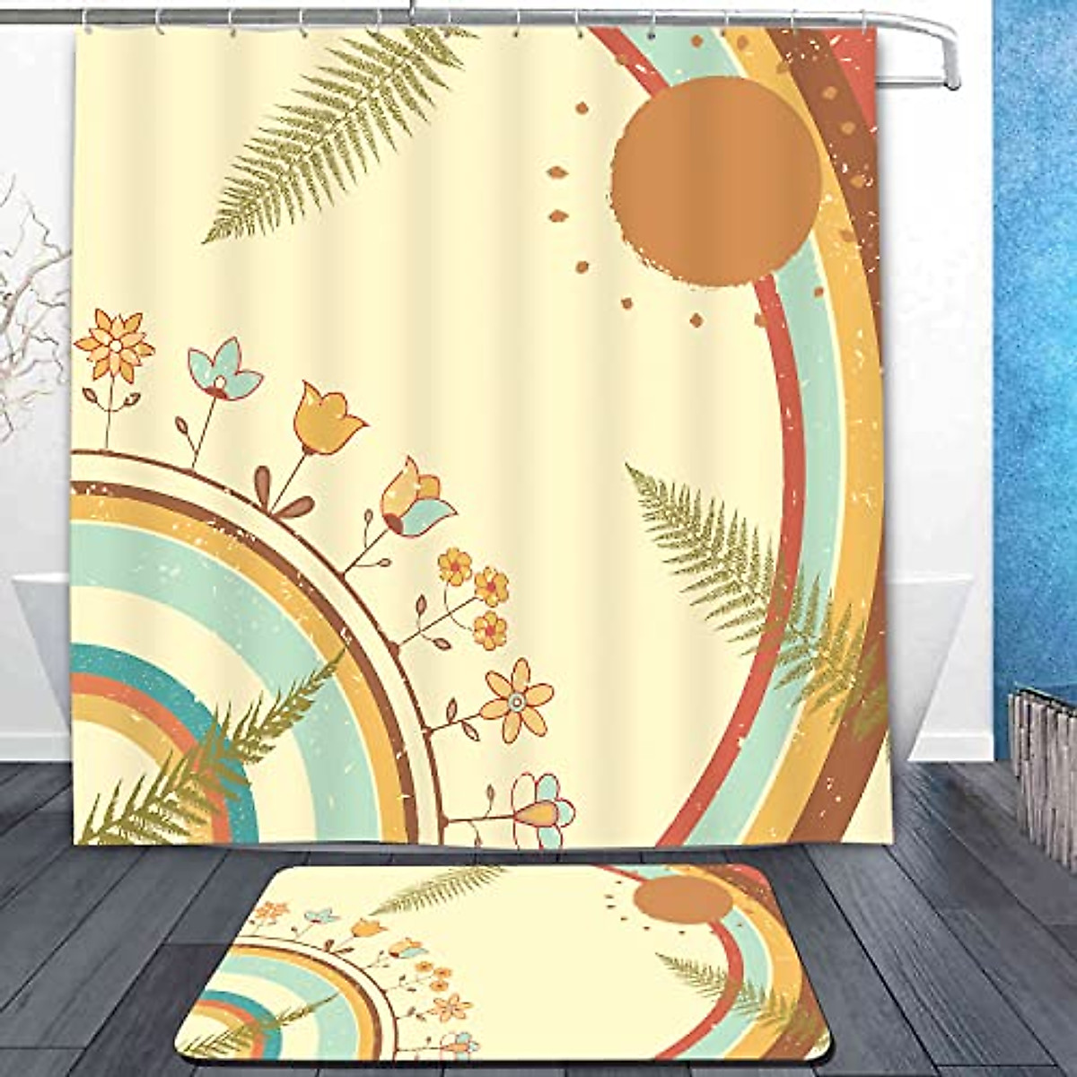 Mitterm Boho Bathroom Rugs Sets 2 Piece with Fabric Shower Curtain Bathroom Decor Sets Non Slip Diatomaceous Earth Bath mats for Bathroom Extra Absorbent Fast Water Drying for Boys,Girls(Beige/Cream)