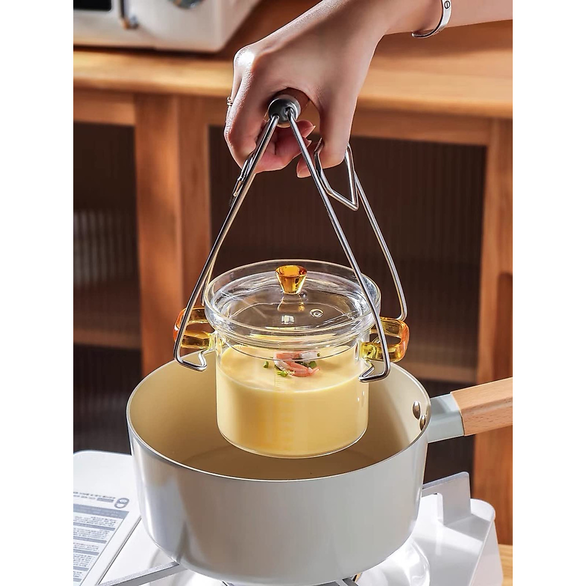 DEESUNG Glass Bowl with Handles and Lid, 15 OZ, With Measurement Marks, Food Grade High Borosilicate Glass, Measure Bowl, Bowl for Cereal, Dessert, Pasta, Salad and Soup