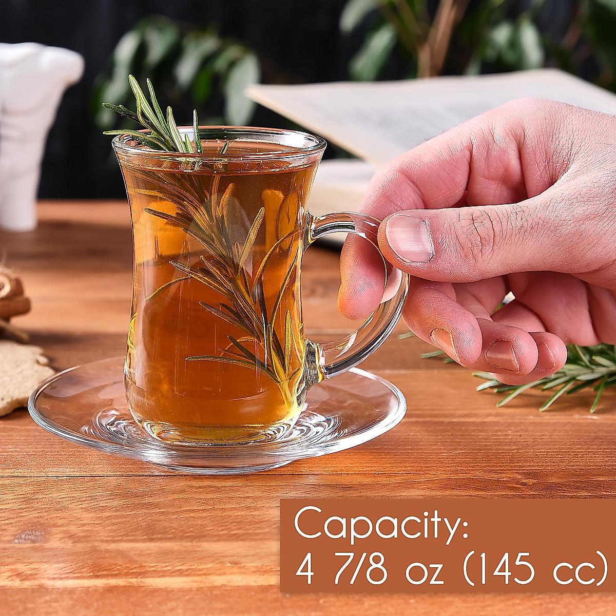 Volarium Small Turkish Tea Set 12 Piece Modern Turkish Tea Glasses & Saucers Set, 6 PCs 4.9 oz (145 cc) Clear Glass Tea Cups with Handle and 6PCs Glass Saucers