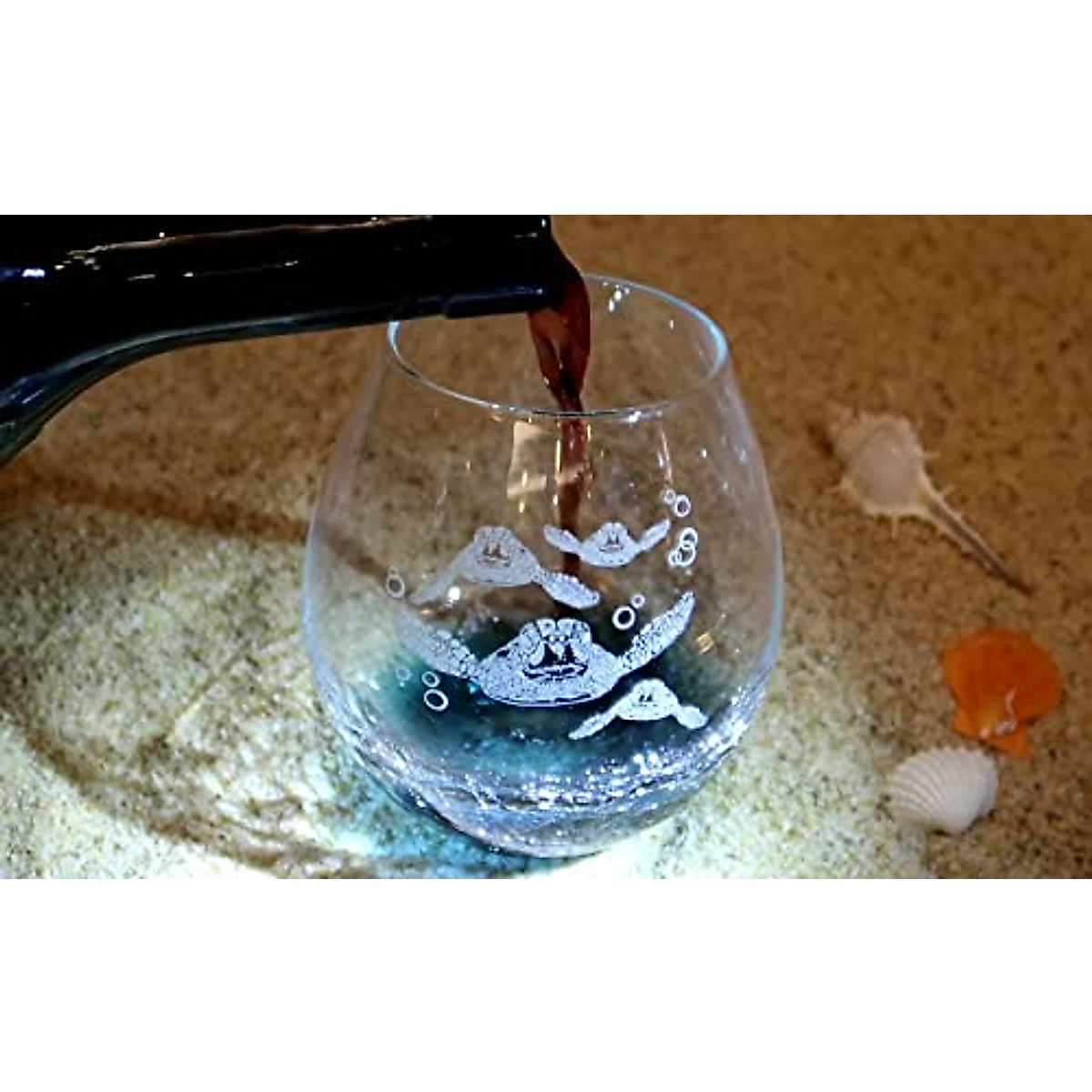 Mothers Day Gifts for Mom, Sea Turtles Family Handmade Engraved Crackle Turquoise Beach Wine Glass 18 Oz Gifts for Turtle Lover Men Women