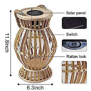 11.8” Solar Table Lamp Lantern Outdoor - Rustic Large Rattan Woven Lantern Light with Edison Bulb, Solar-Powered Warm Light, Great Decor for Garden, Patio, Desk