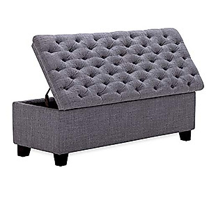 BELLEZE 47 Inch Mid Century Modern Storage Ottoman, Rectangular Lift Top Button Tufted Linen Bench Footstool for Living Room or Bedroom Furniture - Tiara (Gray)