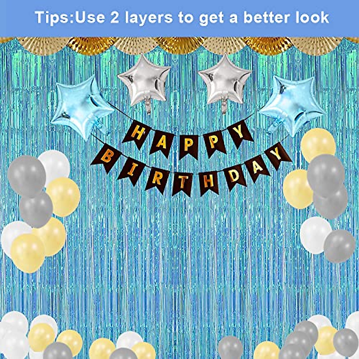 BEAYFILY 3 Pack Fringe Curtains Party Decorations,Tinsel Backdrop Curtains for Parties,Photo Booth Wedding Graduations Birthday Christmas Event Party Supplies (Rainbow Blue)