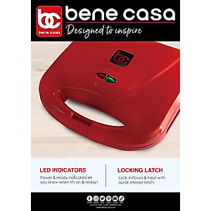 Bene Casa - Red Nonstick Flat Grill Sandwich Maker - Includes Cool-touch Handles and Die Cast Aluminum Cooking Surface