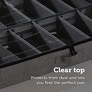 Low Profile Under Bed Shoe Storage Organizer, 4.5'' Tall and Fits Beds 5'' Off the Floor, Adjustable Dividers, Underbed Shoe Storage Solution - Set of 2 (Dark Grey)