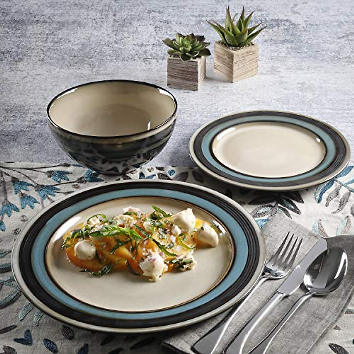 Gibson Elite 116870.12R Everston 12 Piece Reactive Glaze Dinnerware Set, Teal and Cream
