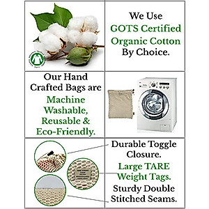 ZERO WASTE ORGANIC COTTON MESH REUSABLE PRODUCE BAG SET | Premium Washable Bags for Fresh Fruits & Vegetables | Compostable, Biodegradable | Sustainable Alternative to Plastic Bags | 4 Sizes | 7 Bags