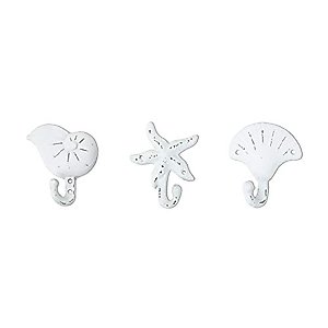 Sea Snail Starfish Shell Shape Cast Iron Nautical Wall Hooks Set, 3-Pack Assorted Rustic White Seaside-Themed Wall Mount Coat Hooks, Beach Coastal Wall Decor