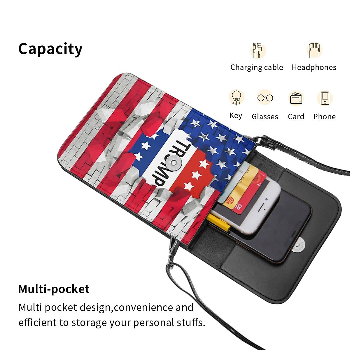 American Flag Trump Cell Phone Purse, DRAYTSO Crossbody Bag Small Leather Shoulder Bag for Women Wallet Sling Bags Handbag with Adjustable Strap