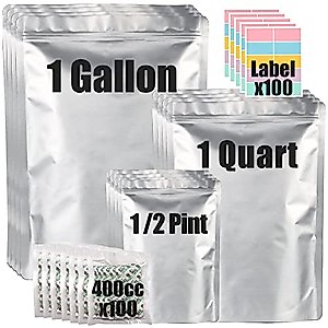 100pcs Mylar Bags for Food Storage with Oxygen Absorbers 400cc (10*10 Packs) and Labels, 10 Mil 10"x14" (30pcs) 7"x10" (30pcs) 5"x7" (40pcs) Stand-Up Zipper Pouches Resealable and Heat Sealable for Long Term Food Storage