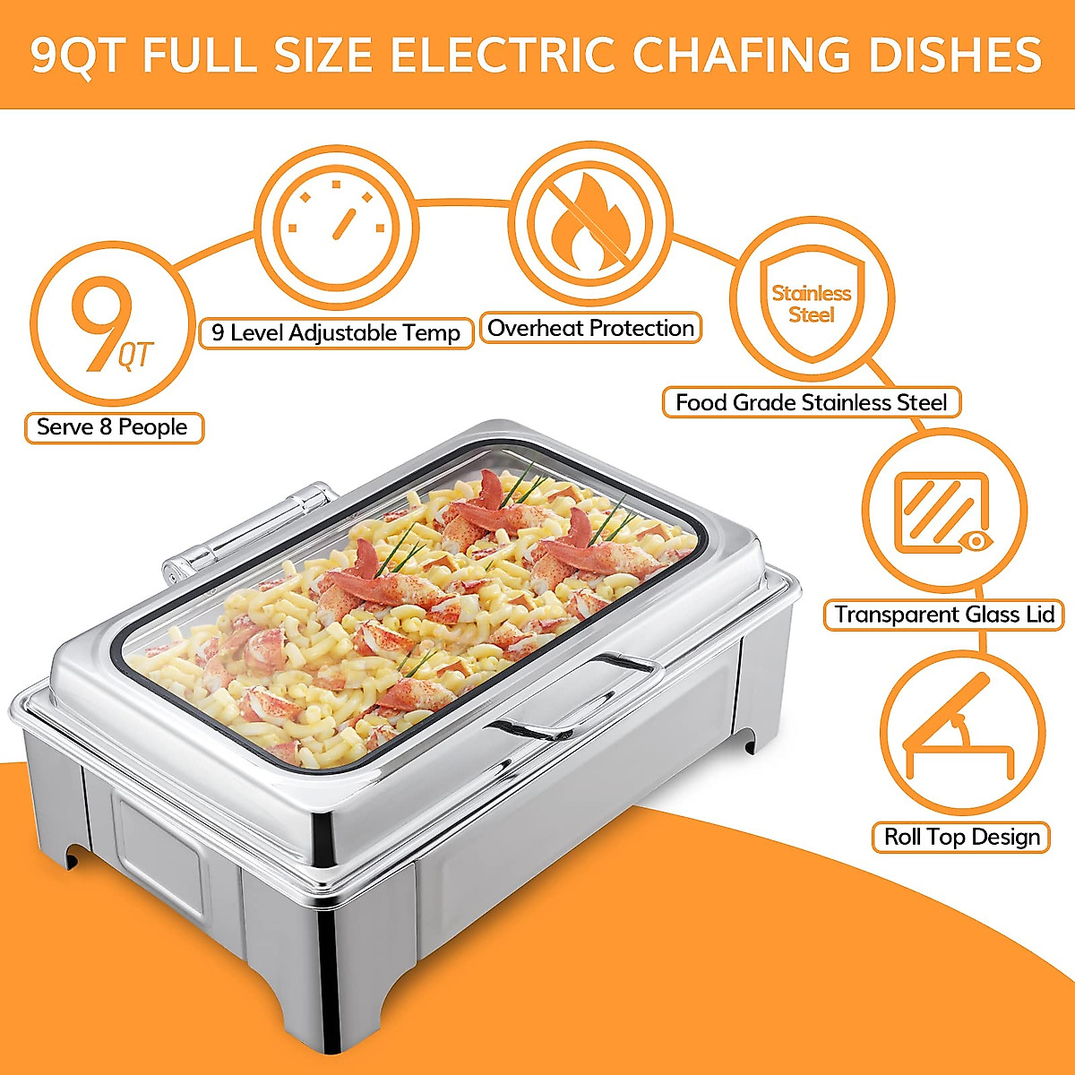 BOOMY LINS Electric Chafing Dish 9QT 2-in-1 Roll Top Rectangle Full Size Auto ShutOff Stainless Steel Buffet Servers and Warmers, 9 Heating level Food Warmer Transparent Glass Lid Chafers for Catering
