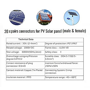 Shinnous Solar Connectors,20Pairs Solar Connectors Compatible with MC4 Connectors Male & Female IP67 Waterproof for Solar Panels (20Pairs)