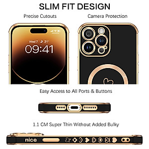 BENTOBEN iPhone 14 Pro Max Phone Case [Compatible with Magsafe] Slim Thin Luxury Gold Heart Design Shockproof Protection Soft TPU Bumper Drop Protective Girls Women Boy Men 14 ProMax Cover, Black/Gold