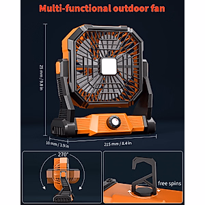 GIPAOE Personal Fan Camping rechargeable, 20000mAh Battery powered fan with LED Lantern,270°Head Rotation, Small Table/USB Desk Fan Portable with Hanging Hook for Travel Camping Tent Office, Orange