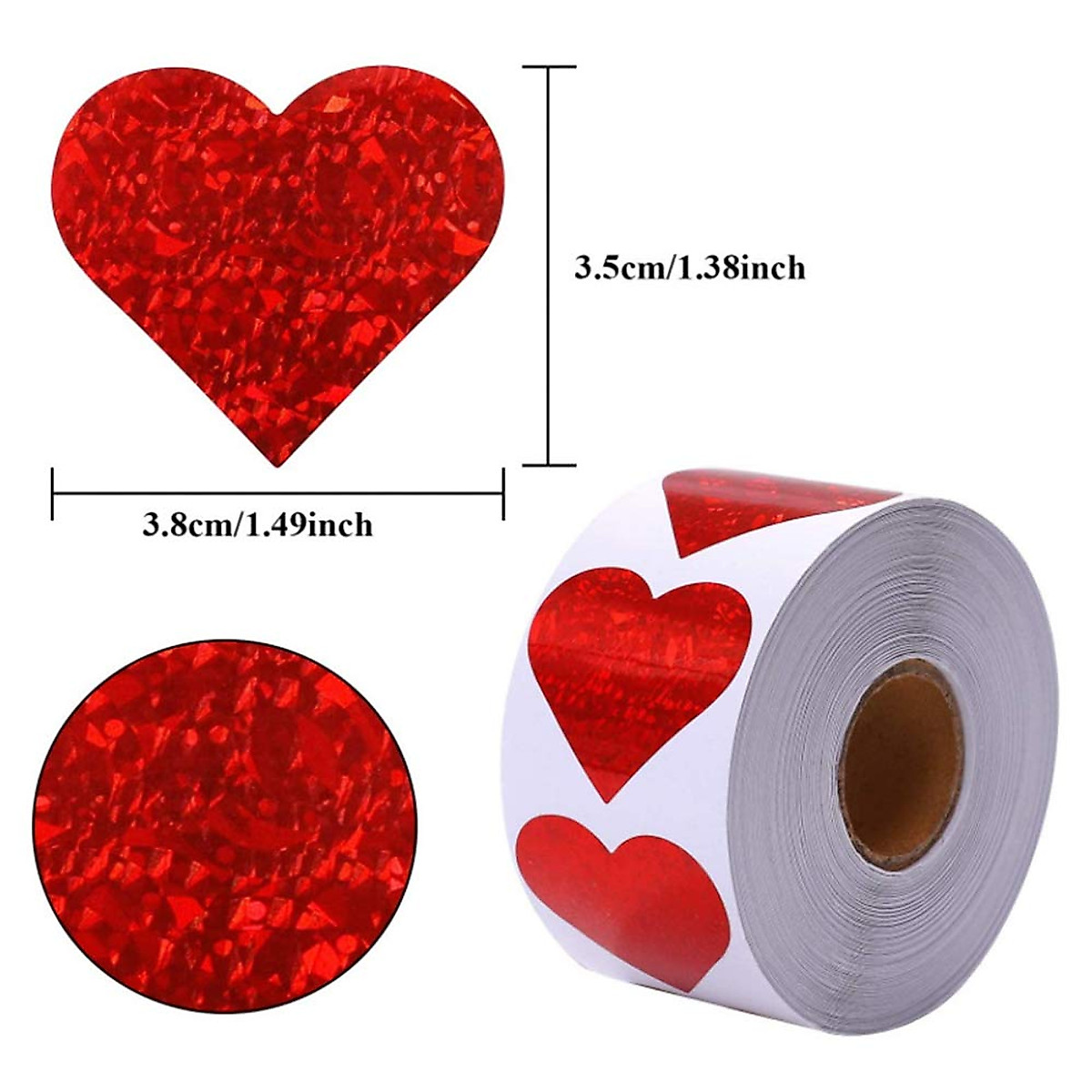 SeBeauty 1000 Red Heart Shaped Stickers, Laser Paper, 1.5'' Roll, Wedding, Valentine, Decoration Supplies