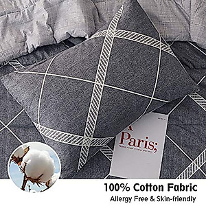 ATsense Comforter Set Queen, All Season 3-Piece 100% Cotton Fabric, Soft Microfiber Filled Bedding, Lightweight Reversible Duvet Insert (Grey&White, MY005)