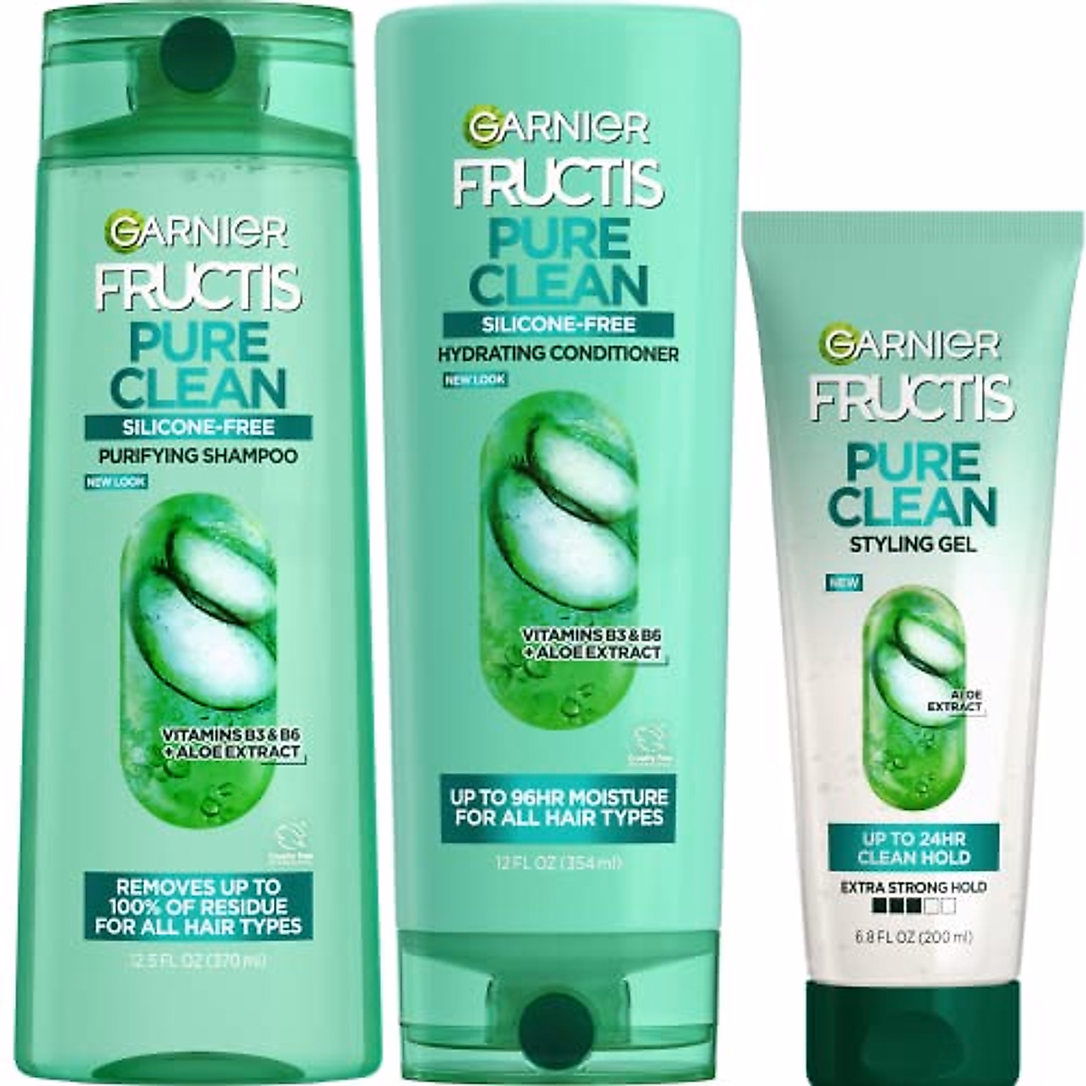 Garnier Fructis Pure Clean Purifying Shampoo, Hydrating Conditioner, and Strong Hold Styling Gel Set (3 Items), 1 Kit (Packaging May Vary)