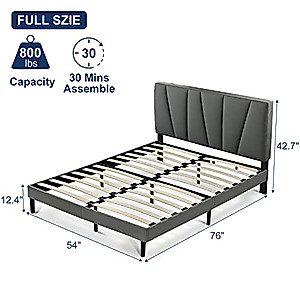 IYEE NATURE Full Size Platform Bed Frame with Headboard and Wood Slat Support, Full Bed for Large Storage Space/Mattress Foundation/No Box Spring Needed/Easy Assembly, Grey