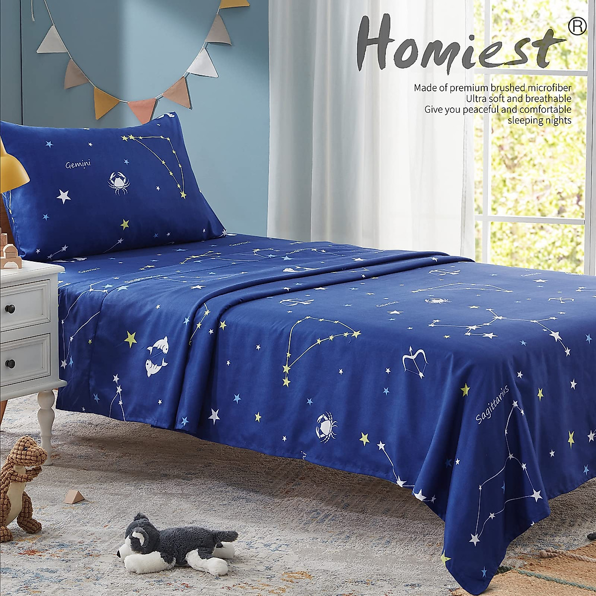 Homiest 3pcs Constellation Sheets Twin Size Bed Set, Star Pattern Cute Soft Bedding Set, Deep Pocket Twin Sky Printed Sheets for Kids Teen Boys Adults, Navy Blue
