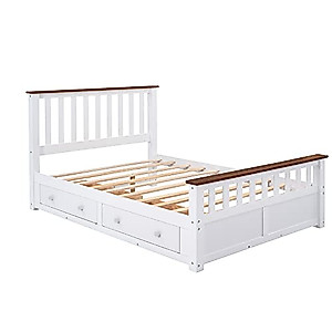 ERDAYE Full Size Bedframe Wooden Platform Bed with Two Storage Drawers and Wood Slat Support, White+Walnut