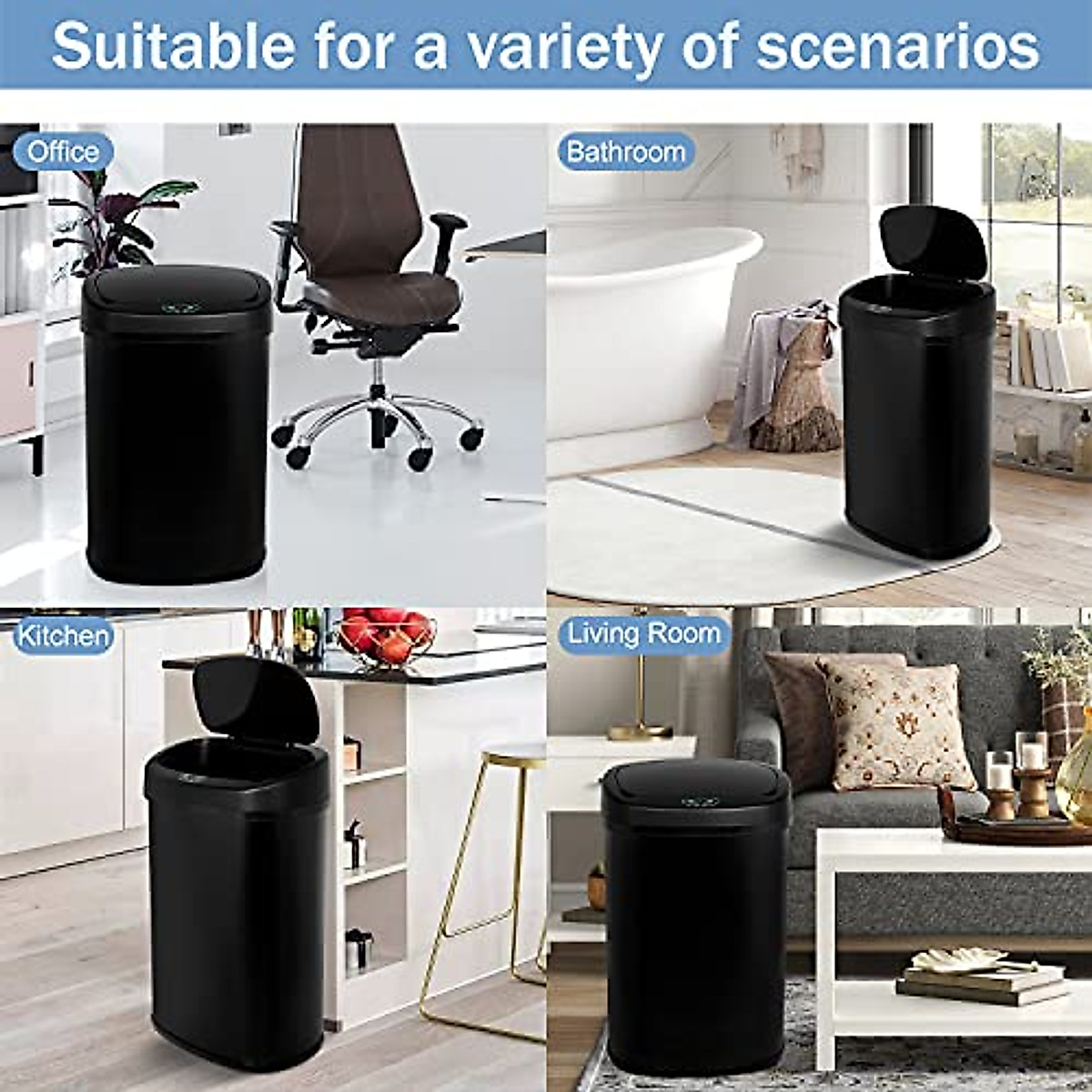 R/E Automatic Sensor Trash Can Kitchen Trash Can 13 Gallon Garbage Can High-Capacity Touch Free Waste Bin Stainless Steel Trash Can with Lid for Kitchen Office Bathroom Bedroom,Black