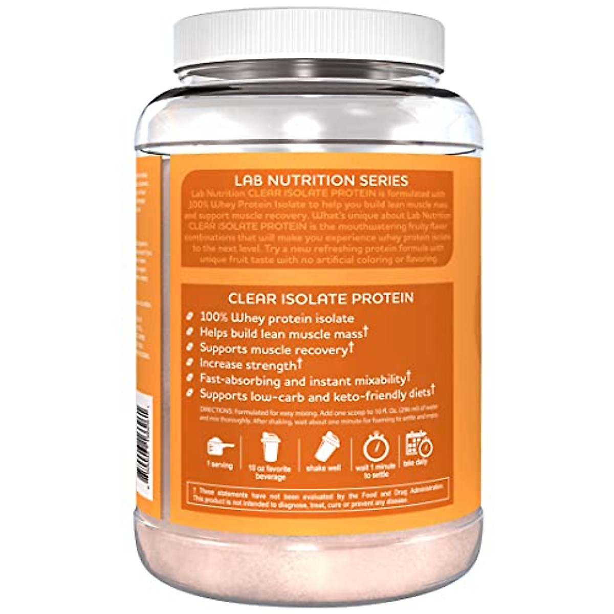 Lab Nutrition Advance Clear Isolate Protein, 100% Whey Protein Powder, Gluten Free, Zero Sugar, Keto Friendly, 25g Protein, 1.70 lb, Peach Mango Flavored - 25 Servings