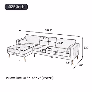 P PURLOVE Sectional Sofa Couch, L-Shape Upholstered Couch with Two Grey Pillows(Not Include White Pillows) for Living Room Home Furniture, Grey
