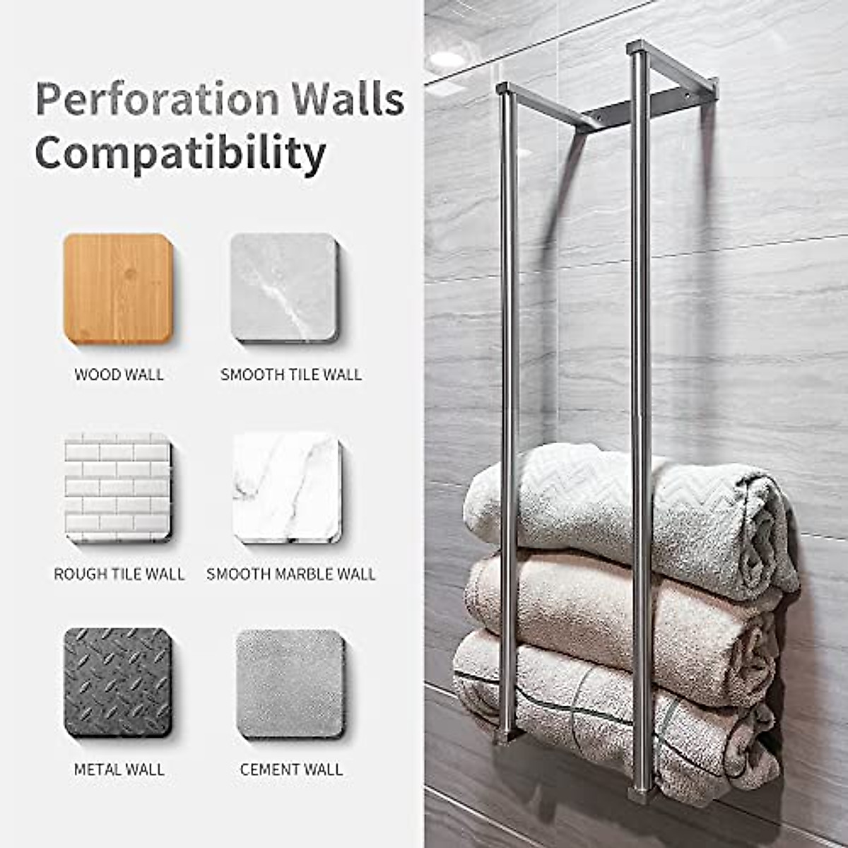 Towel Racks for Bathroom, Towel Holder for Bathroom Wall, 304 Stainless Steel Towel Rack Wall Mounted for Storing Towels, Robes, Bathroom Towel Rack with Hooks, Pro
