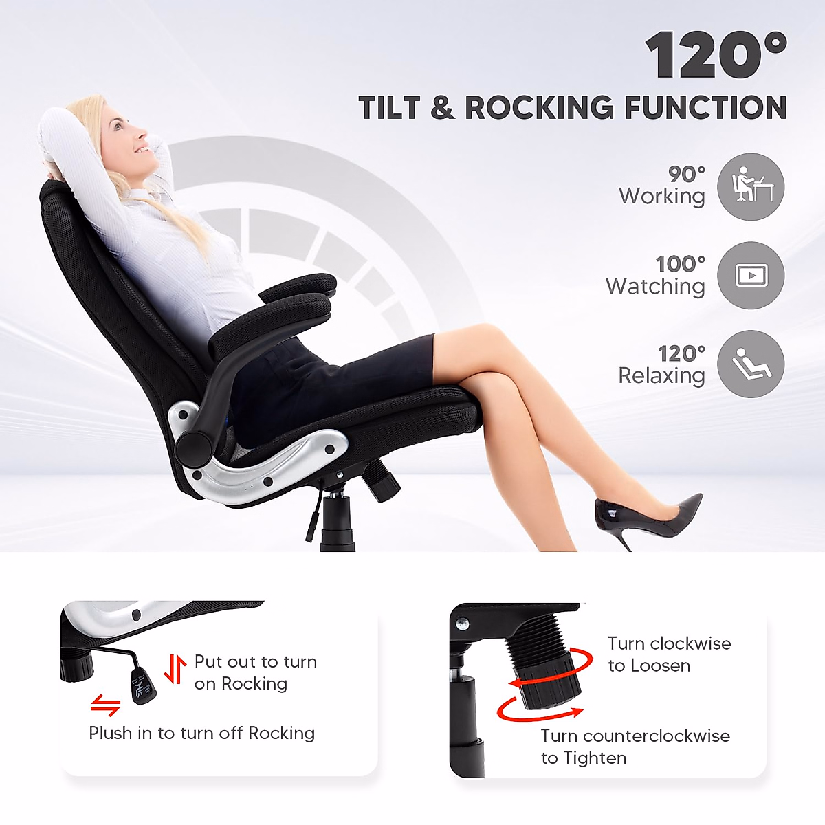Seatingplus Executive Office Chair High Back Home Office Desk Chairs with Wheels and FILP-up Armrests, Comfortable Mesh Computer Chair, Black&Grey