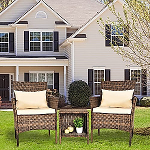 Tappio 3 Pieces Patio Furniture Set Outdoor Bistro Sets All Weather Patio Conversation Sets PE Rattan Wicker Chairs with Cushions and Pillows Beige