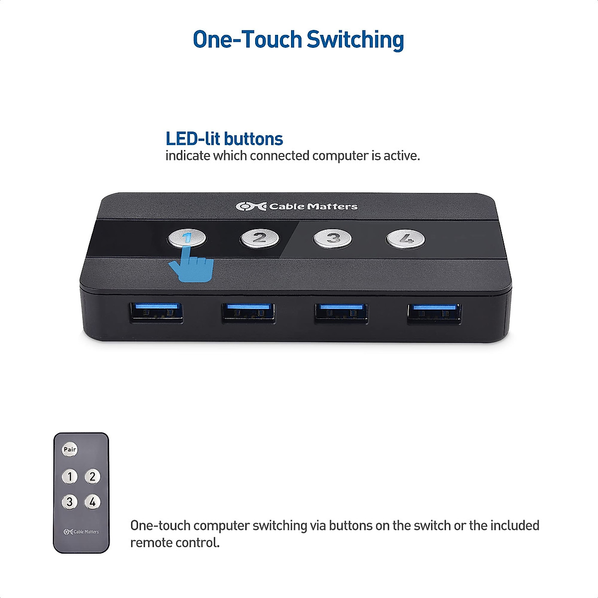 Cable Matters 4 Port USB 3.0 Switch USB Sharing Switch for 4 Computers and USB Peripherals - Button or Wireless Remote Control Switching - Includes a USB-C Adapter for USB-C USB4 and Thunderbolt 4