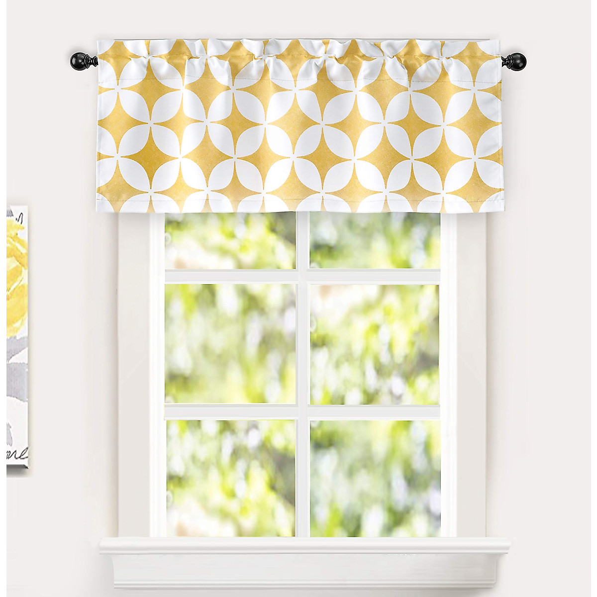DriftAway Amelia Retro Geo Pattern Round Circle Star Print Blackout Valance Rod Pocket Curtain Single 52 Inch by 18 Inch Plus 2 Inch Header Yellow