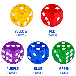 150 Pieces 6-Sided Games Dice Set 5 Translucent Colors 14mm Dice for Board Games, Activity, Casino Theme, Teaching Math Games, Party Favors and More