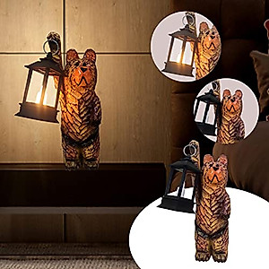 Carved Bear Chainsaw Carving with Lantern, Resin Lantern Bear Sculpture Decoration Lamp, Home Welcome Bear Solar Powered LED Outdoor Decor Garden Light, Indoor Outdoor Decor (A)