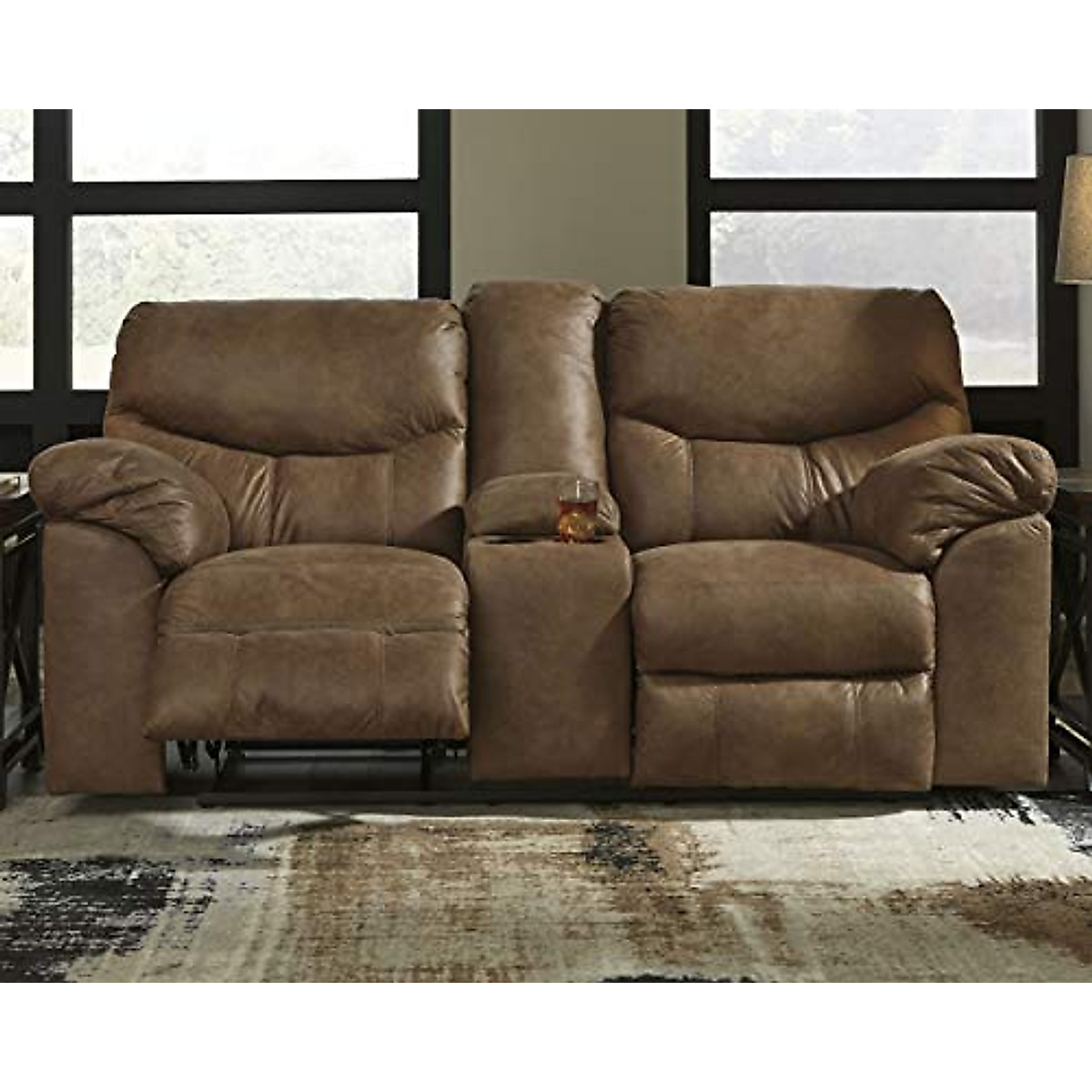 Signature Design by Ashley Boxberg Oversized Faux Leather Manual Double Reclining Loveseat with Center Console, Brown