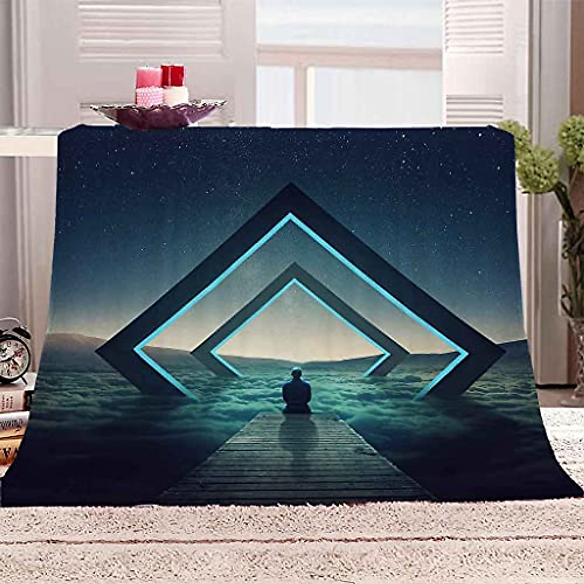 DALEM Soft Fleece Throw Blanket - Fluffy Microfiber Solid Blankets for Bed and Couch Double/Single Size - 59X79Inch Blue, Starry Wooden Bridge Printed Flannel Blanket for Bed, Couch and Sofa