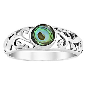 AeraVida Intricate Lace Swirl Vines Round Abalone Shell .925 Sterling Silver Ring | Elegant Wedding Rings | Casual Comfort Fit Silver Rings for Women | for Daughter | Sterling Silver Rings Sizes (7)