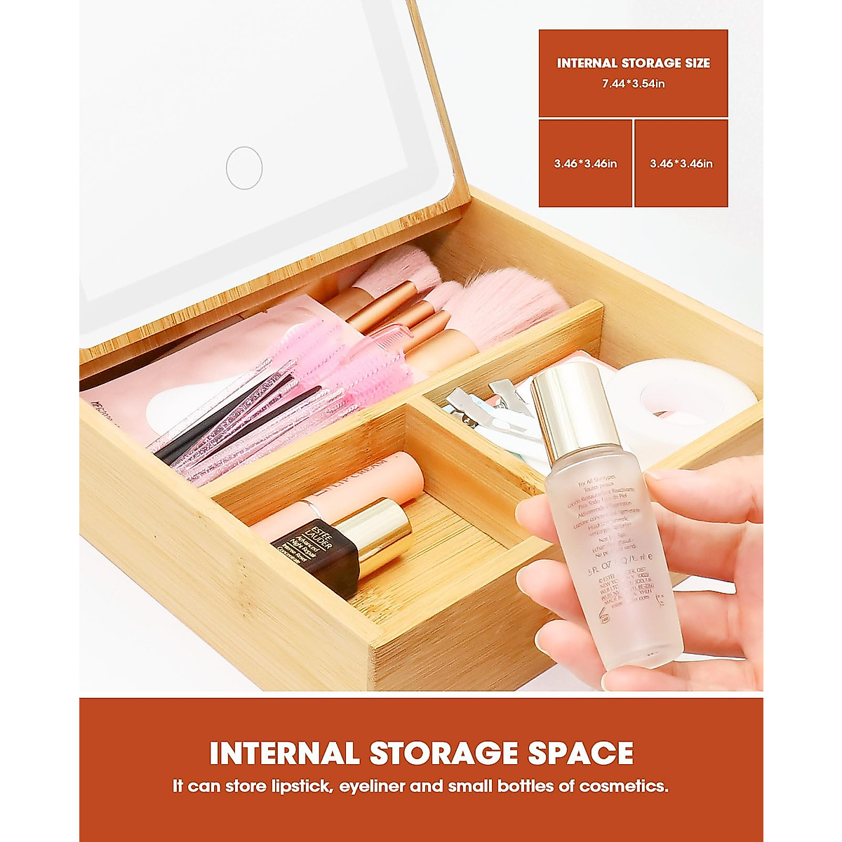 Onism Bamboo Makeup Organizer with LED Light Mirror, Cosmetic Organizer Storage for Store Cosmetics, Makeup Brushes, Jewelry, Hair Accessories, Perfect for Bathroom, Bedroom, Vanity