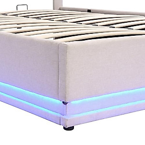 Prohon Queen Size Platform Bed with Hydraulic Storage System and Sensor LED Light, Modern Upholstered Bed Frame w/Button-Tufted Design Headboard, No Box Spring Needed, Wooden Slats Support, Beige