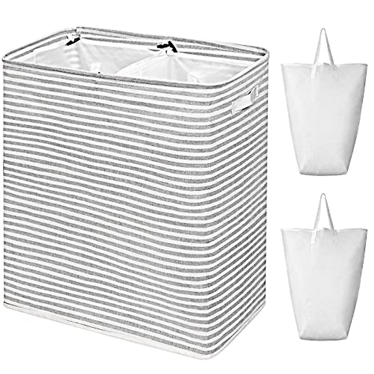 WOWLIVE 115L Freestanding Laundry Hamper Divided Collapsible Large Laundry Basket 2 Removeable Liner Bags Dirty Clothes Hamper with Extended Handles Easy to Carry (Striped Grey)
