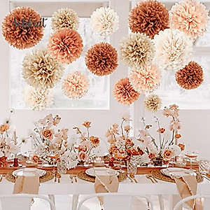 AOBKIAT Weddings Decorations, 16 PCS Earth Tone Brown Tissue Paper Pom Poms for Fall Decor, Halloween, Rustic Wedding, Baby Shower, Birthday, Thanksgiving